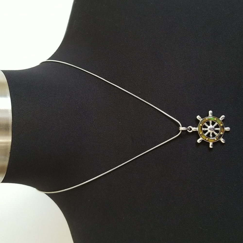 Silver Ship Wheel Nautical Ocean Necklace Necklace - Gem